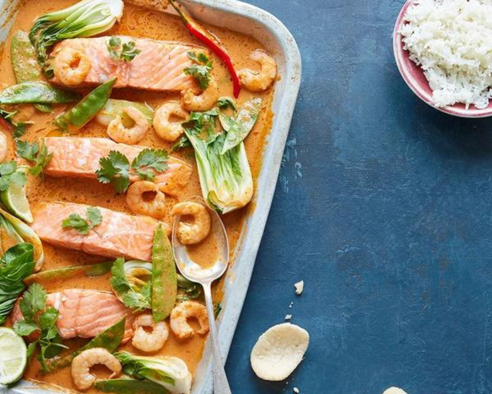 Fragrant coconut salmon prawn traybake - Amanda Jane Duggan